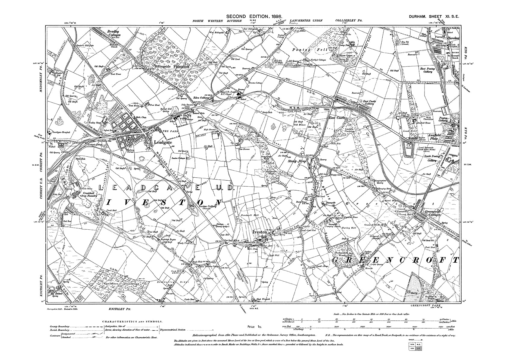 Old OS map dated 1898, showing Leadgate, Iveston and East Castle in Du ...