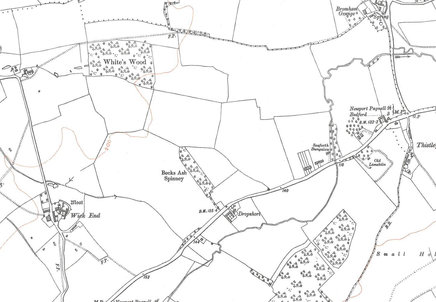 A 1927 map showing Bromham, Biddenham (west) and Stagsden in Bedfordsh ...