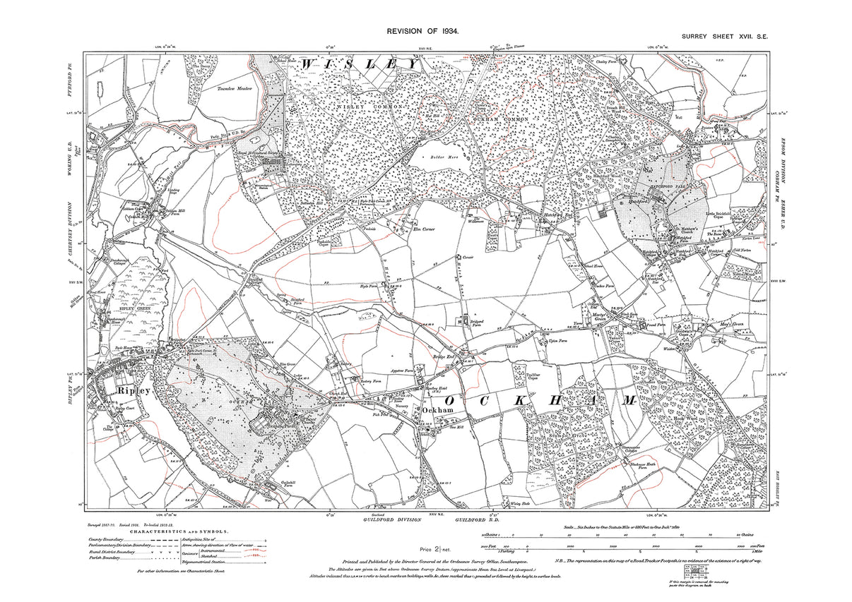 Ripley, Ockham, RHS Wisley, Hatchford Park old map Surrey 1934: 17SE ...