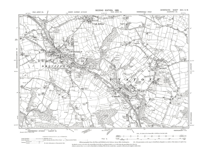 Old OS map dated 1899, showing Dronefield, Unstone, Coal Aston in Derb ...