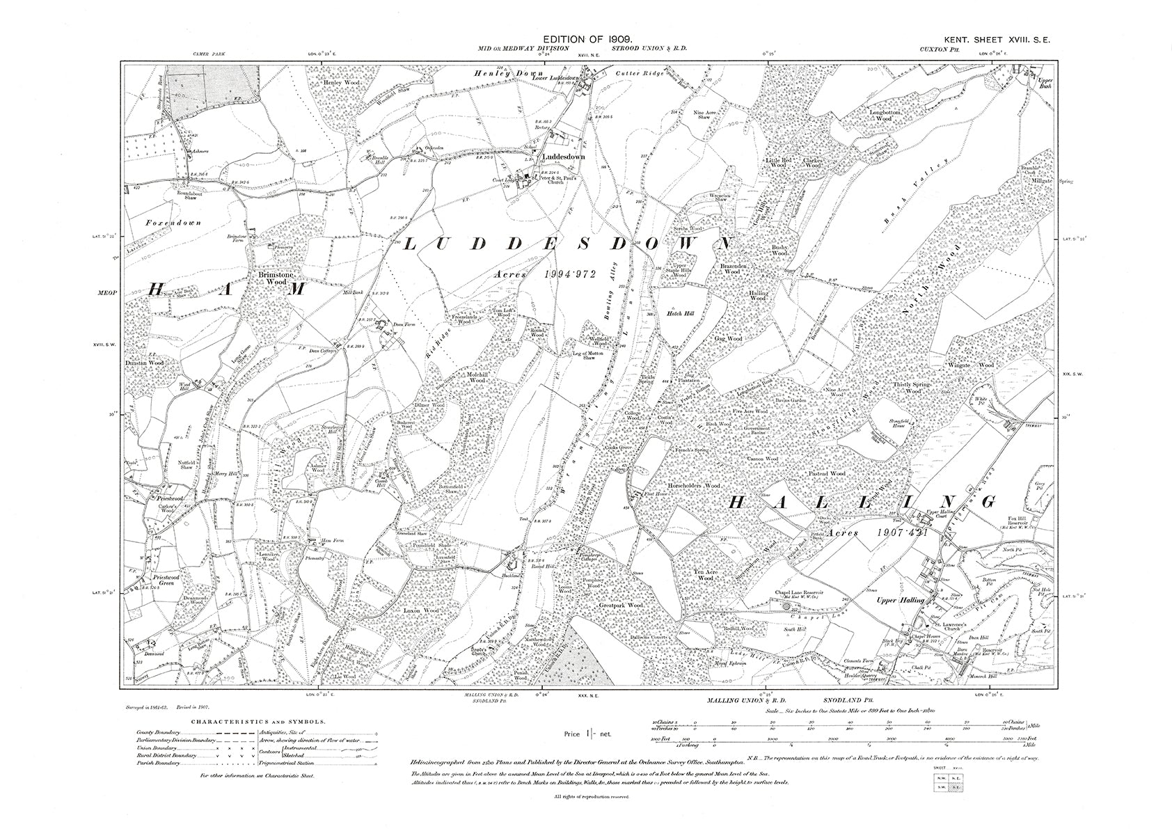 Upper Halling, Luddesdown, old map Kent 1909: 18SE – Old Map Downloads
