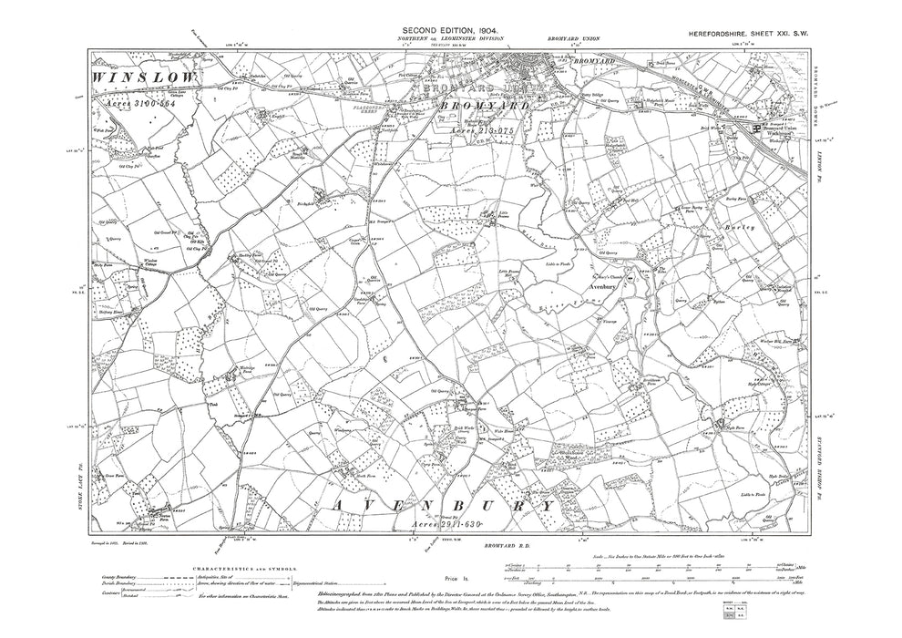 Old OS map dated 1905, showing Bromyard (south) in Herefordshire - 21S ...