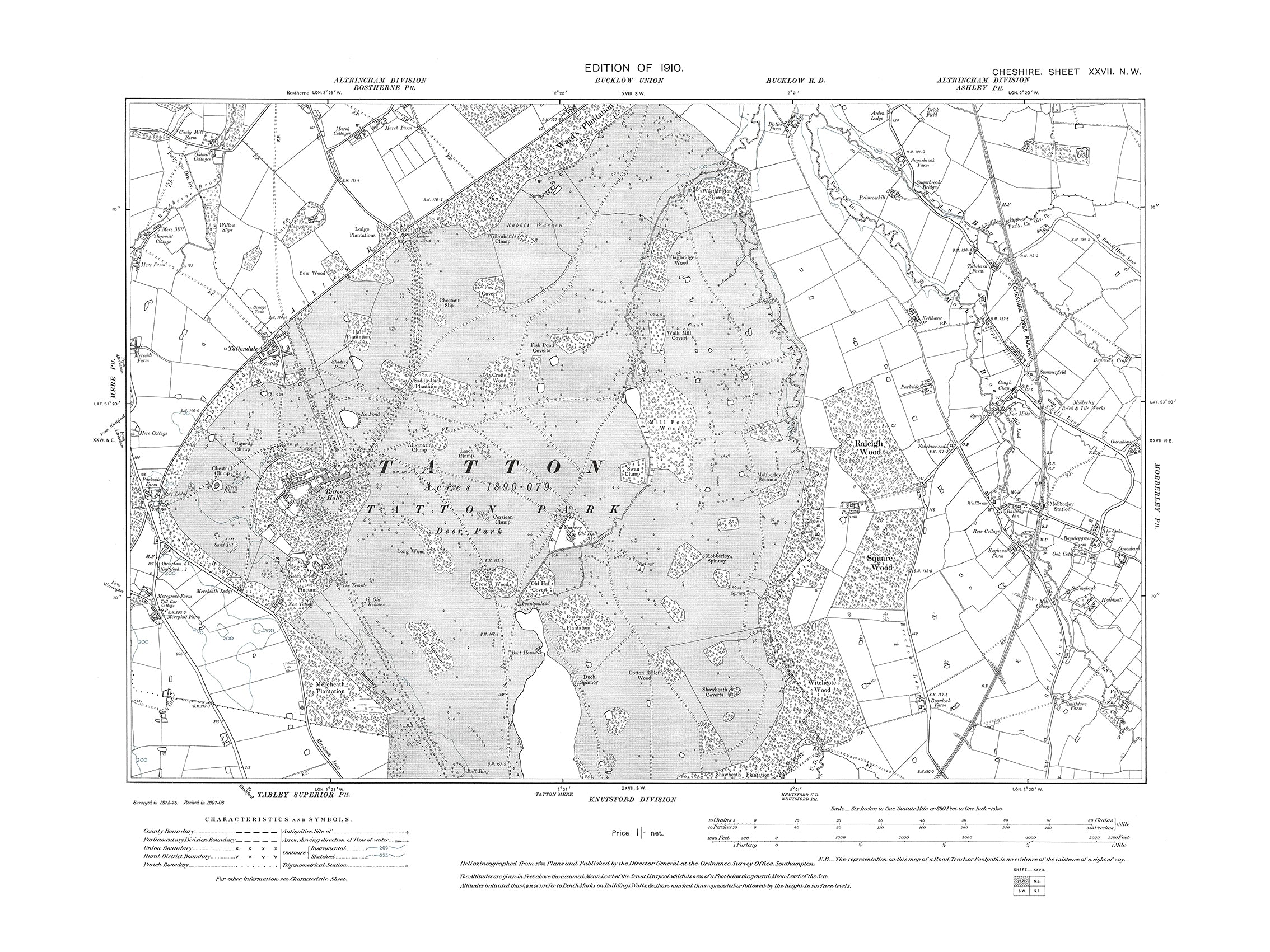 Old OS map dated 1910, showing Tatton Park in Cheshire 27NW – Old Map ...