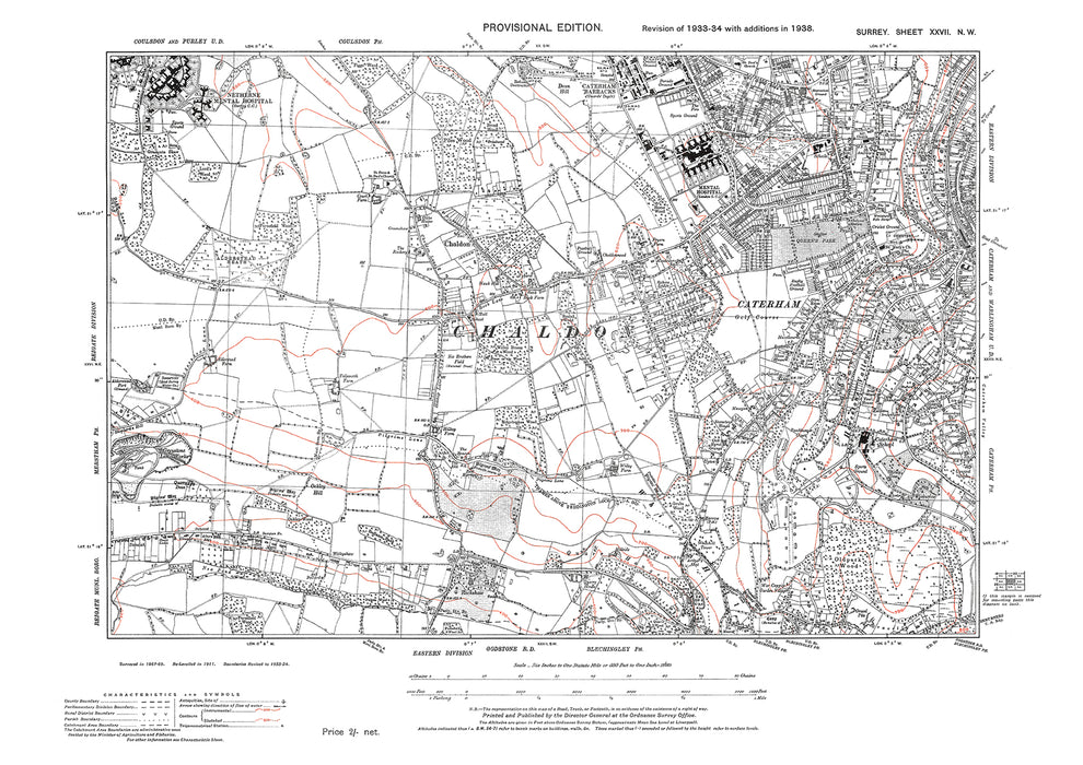 Caterham (west), Chaldon, Netherne Mental Hospital old map Surrey 1938 ...