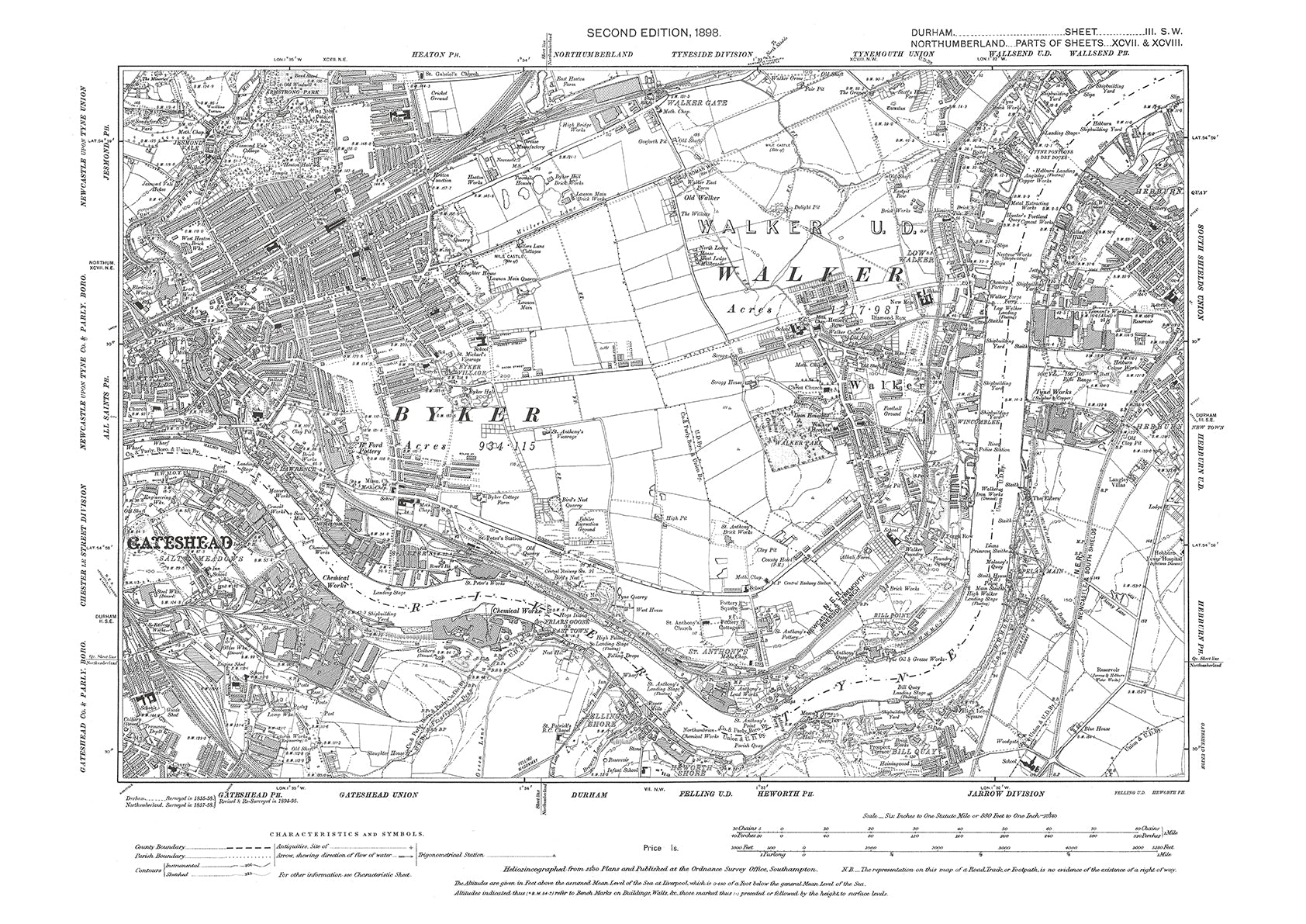 Old OS map dated 1898, showing Gateshead (northeast) and South Shields ...