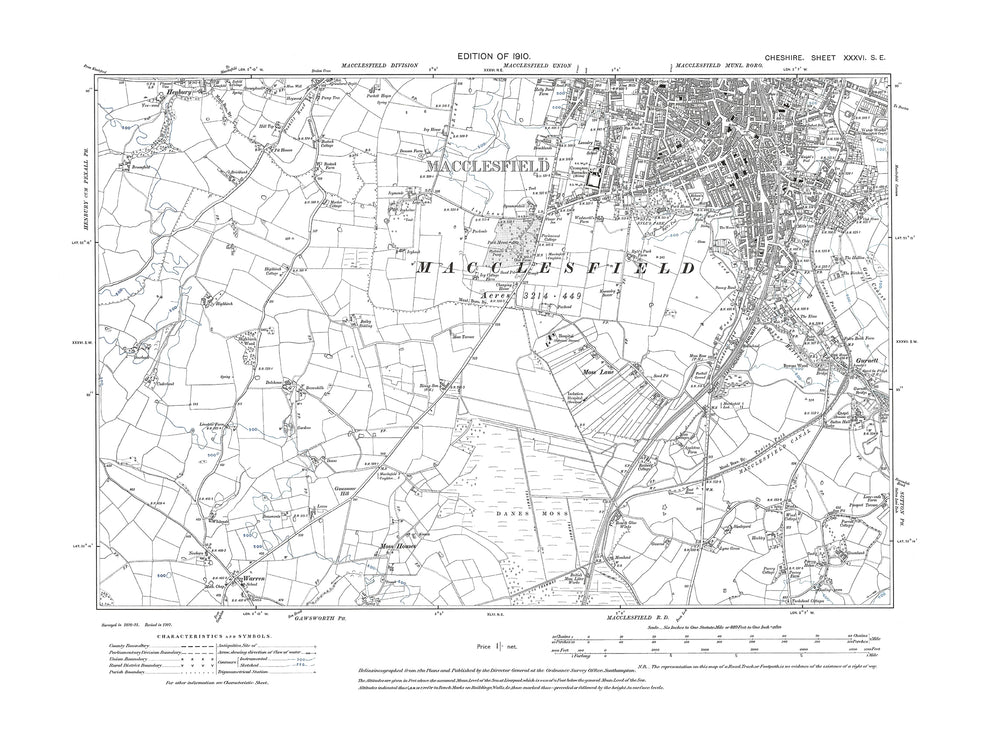 Old OS map dated 1910, showing Macclesfield (south) in Cheshire 36SE ...
