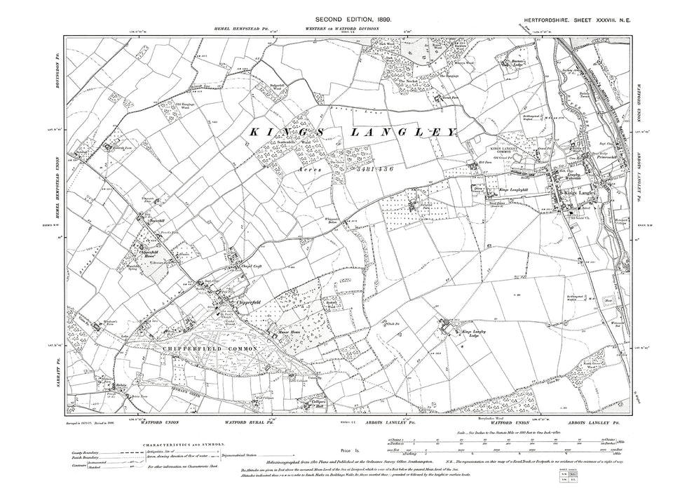 Old OS map dated 1899, showing Kings Langley, Chipperfield in Hertford ...