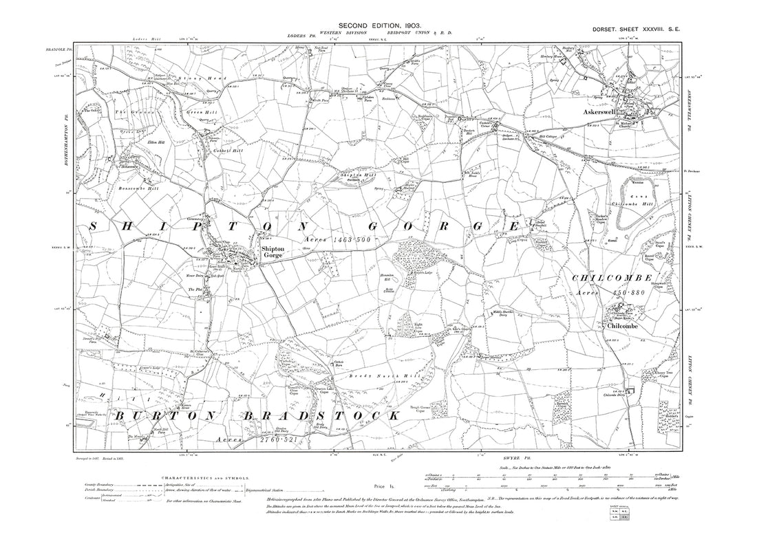 Old OS map dated 1903, showing Askerswell, Chilcombe, Shipton Gorge in ...