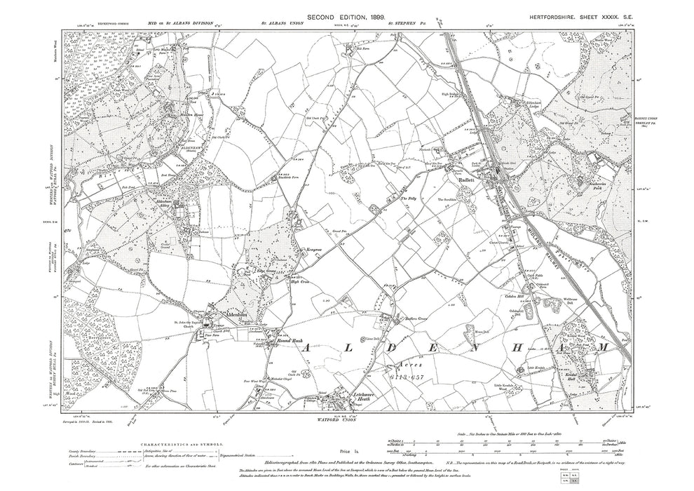 Old OS map dated 1899, showing Radlett, Aldenham, Letchmore Heath in H ...