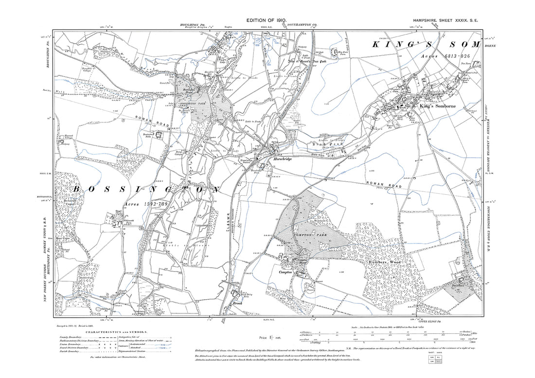 Old OS map dated 1910, showing Kings Somborne, Horsebridge in Hampshir ...