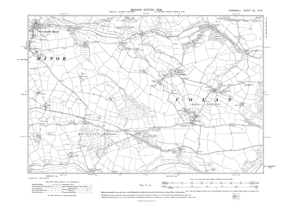 St Columb Minor (east), Colan, Mountjoy, Bosoughan, old map Cornwall 1 ...