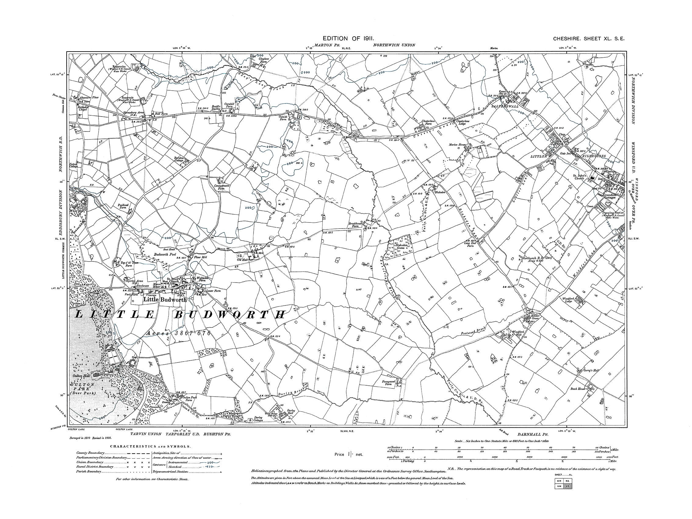 Old OS map dated 1911, showing Little Budworth, Over (west) in Cheshir ...