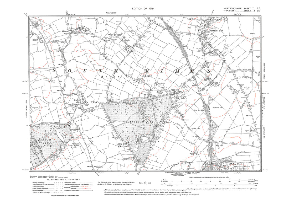 Old OS map dated 1919, showing Potters Bar in Hertfordshire - 40SE ...