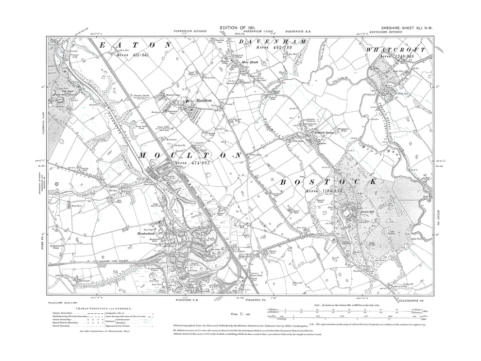 Old OS map dated 1911, showing Winsford (north), Moulton, Bostock in C ...
