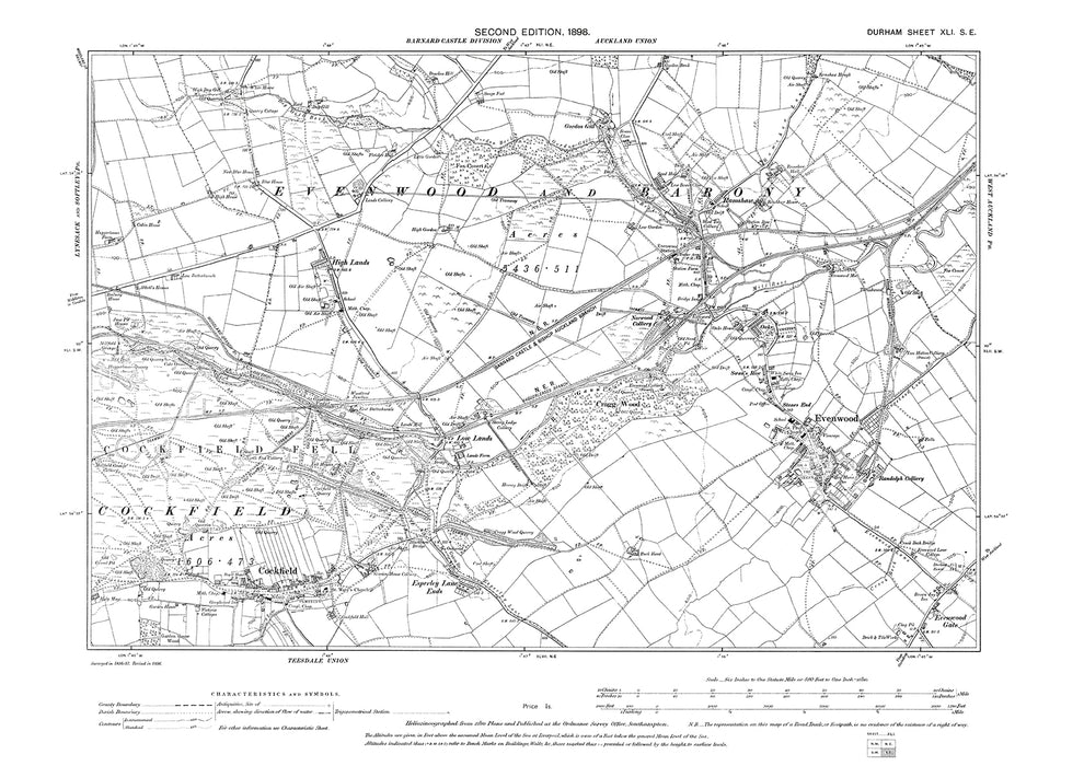 Old OS map dated 1898, showing Evenwood, Cockfield and Ramshaw in Durh ...
