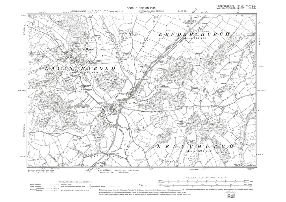 Old OS map dated 1905, showing Ewyas Harold, Pontrilas in Herefordshir ...