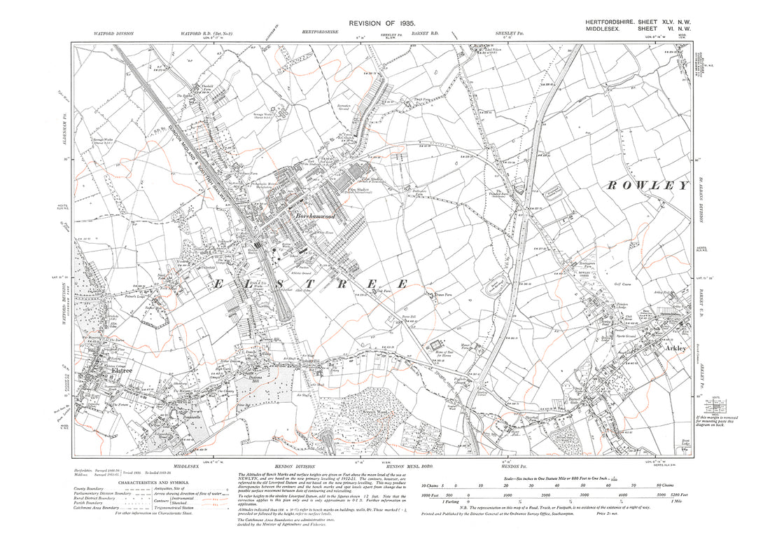 Old OS map dated 1935, showing Elstree, Borehamwood, Arkley in Hertfor ...