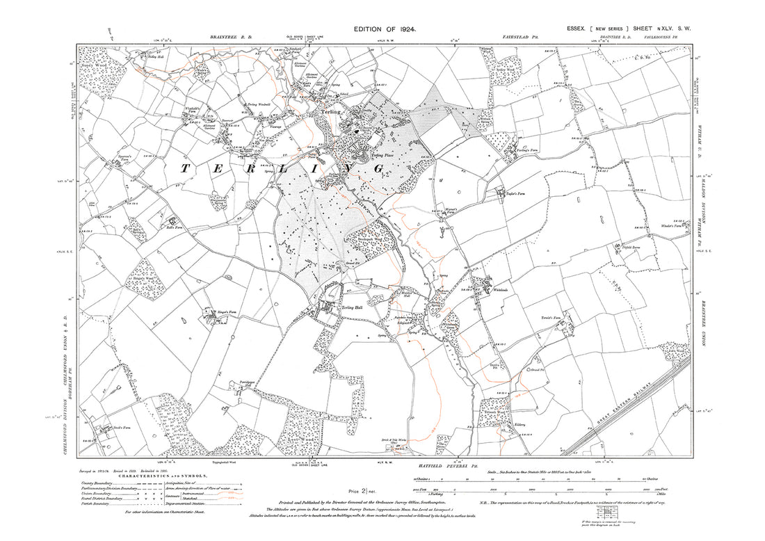 Old OS map dated 1924, showing Terling in Essex - 45SW – Old Map Downloads