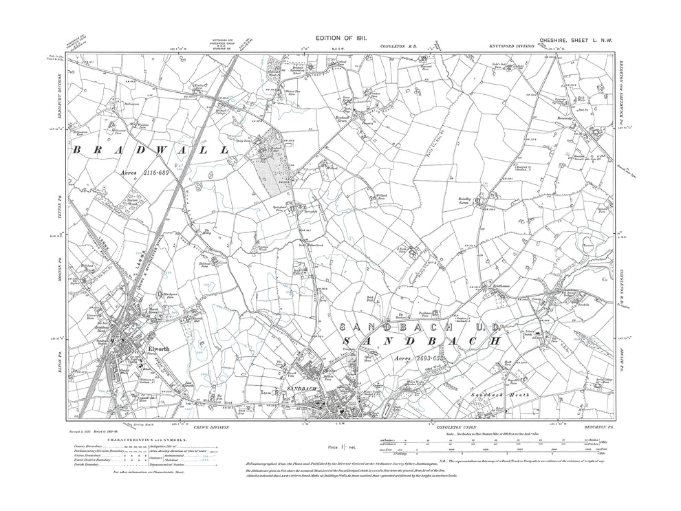 Old OS map dated 1911, showing Sandbach (north), Elworth in Cheshire 5 ...