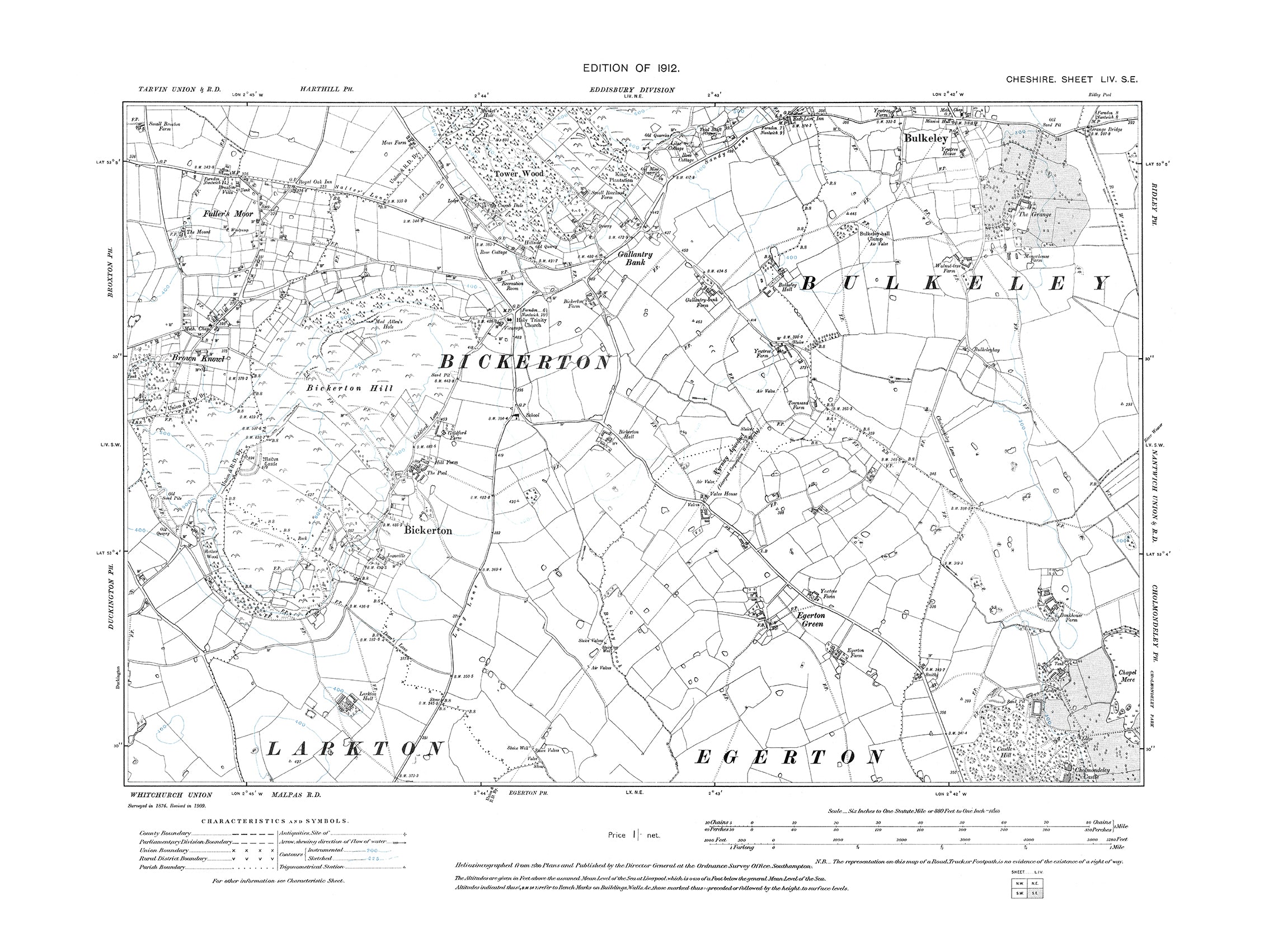 Old OS map dated 1912, showing Bickerton, Bulkley (south) in Cheshire ...