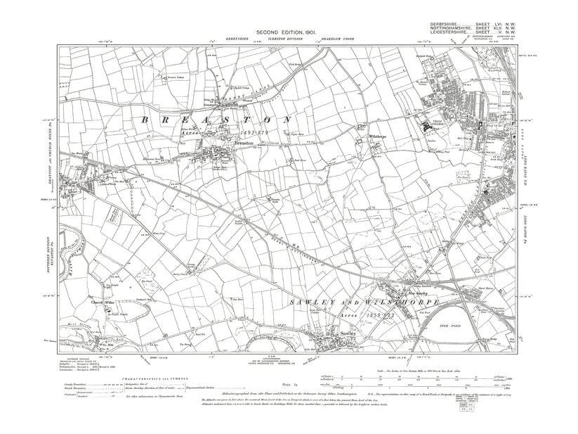Old OS map dated 1901, showing Long Eaton (west), Breaston in Derbyshi ...
