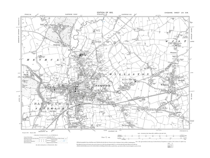 Old OS map dated 1910, showing Nantwich, Willaston, Wistaston in Chesh ...