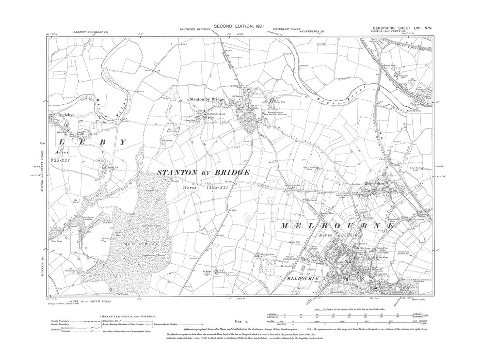 Old OS map dated 1901, showing Stanton by Bridge, Ingleby in Derbyshir ...