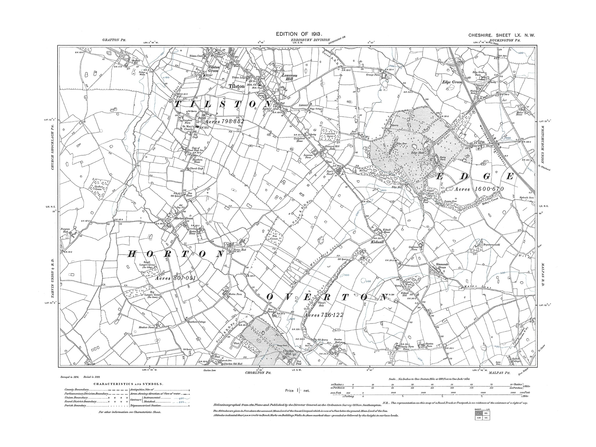 Old OS map dated 1913, showing Tilston, Horton Green in Cheshire 60NW ...