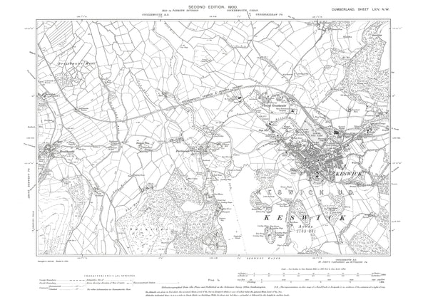 Old OS map dated 1900, showing Keswick, Portinscale, Braithwaite in Cu ...