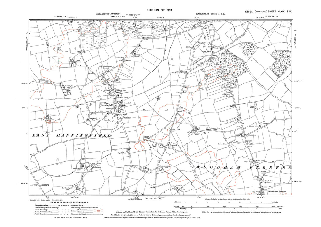 Old OS map dated 1924, showing East Hanningfield, Bicknacres and Woodh ...
