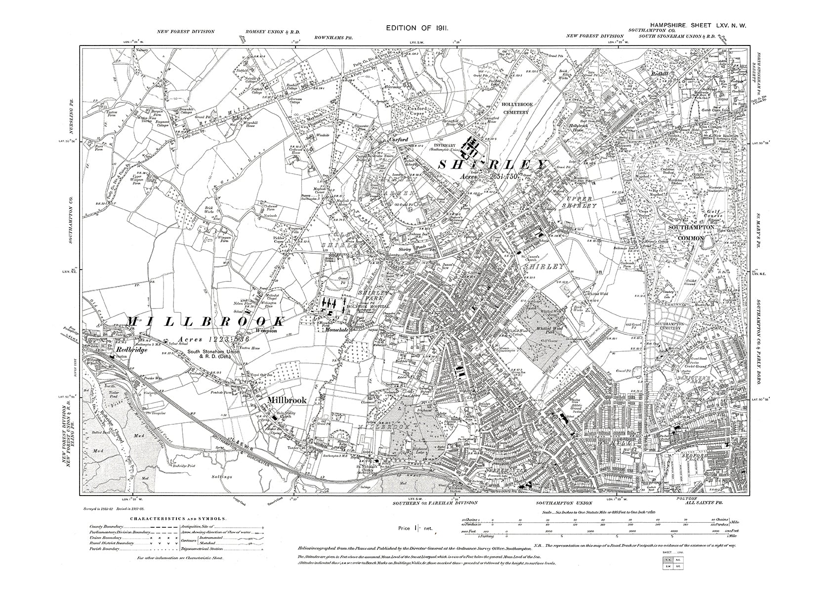 Old OS map dated 1911, showing Southampton Shirley, Millbrook, Redbrid ...