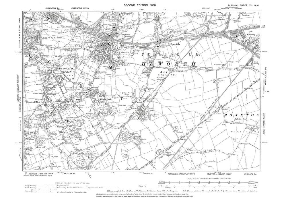 Old OS map dated 1898, showing Heworth and Windy Nook in Durham - 7NW ...
