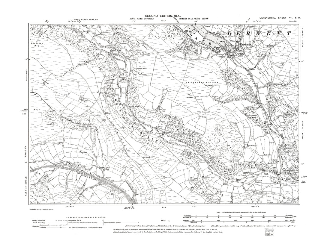 Old OS map dated 1899, showing Derwent, Ashopton in Derbyshire 7SW ...