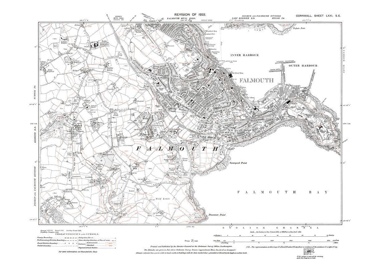 Falmouth, Budock Water, old map Cornwall 1933: 71SE – Old Map Downloads