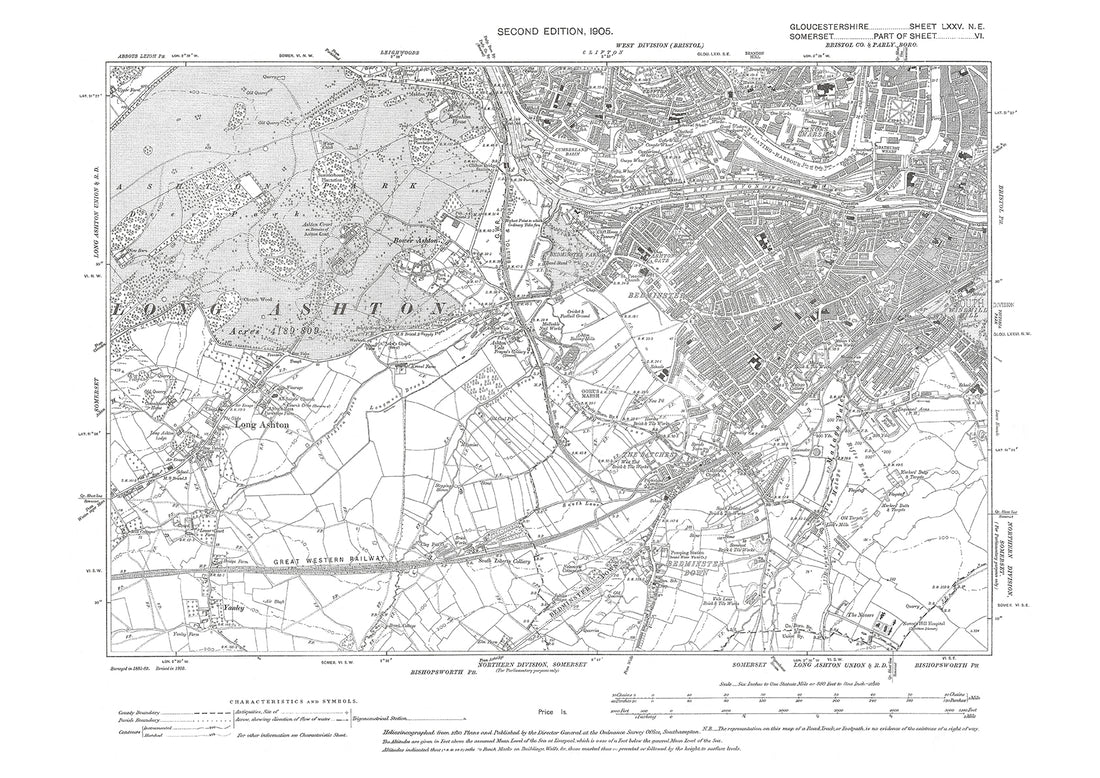 Old OS map dated 1905, showing Bristol Bedminster, Long Ashton in Glou ...