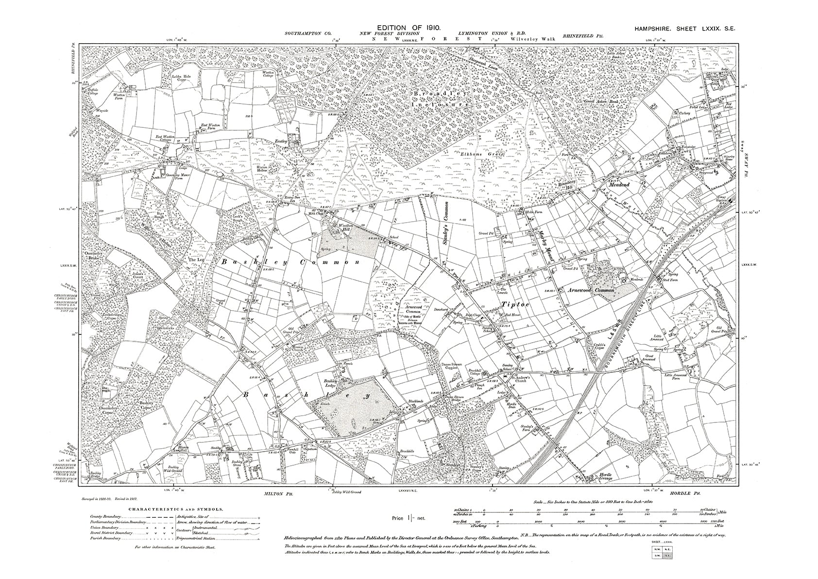 Old OS map dated 1910, showing Sway (west), Tiptoe in Hampshire - 79SE ...