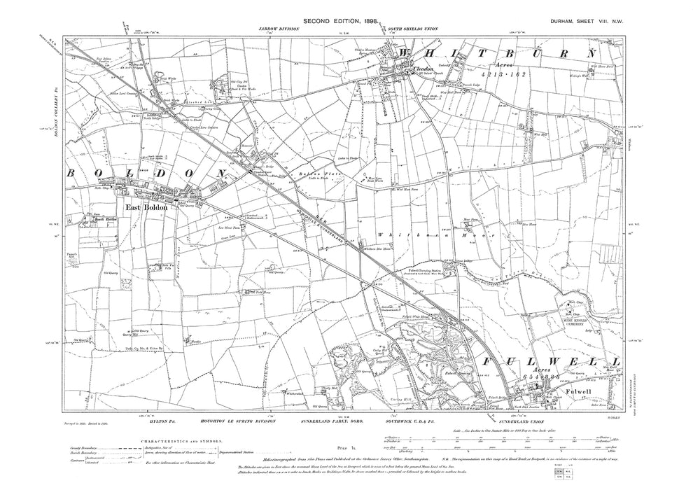Old OS map dated 1898, showing East Boldon, Cleadon and Fulwell (north ...