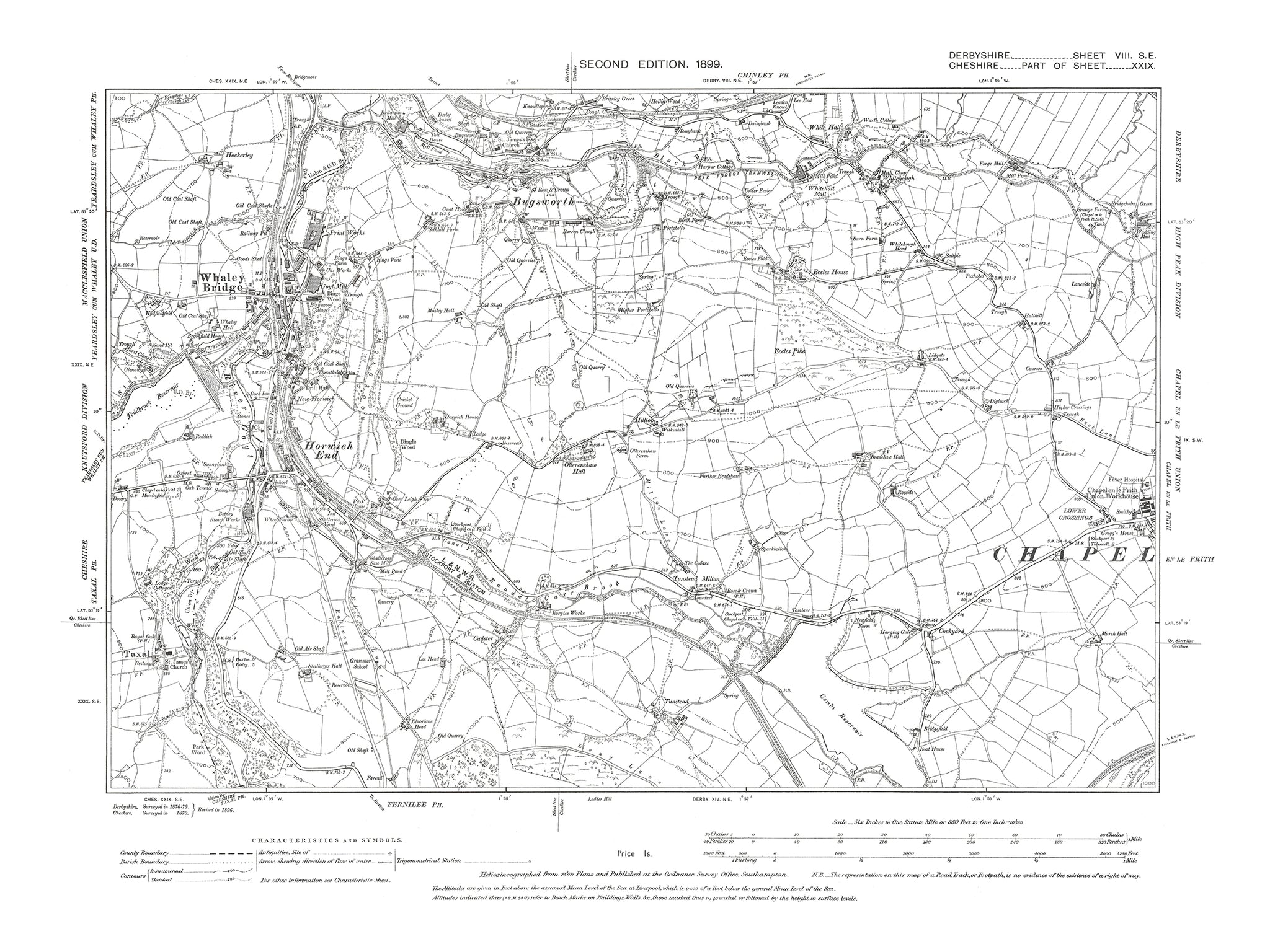 Old OS map dated 1899, showing Bugsworth, Whaley Bridge in Derbyshire ...
