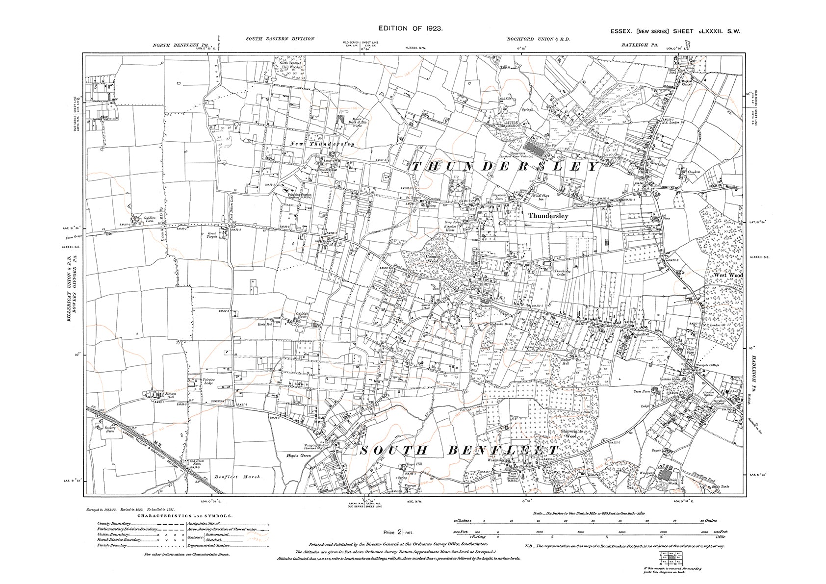Old OS map dated 1923, showing Thundersley, Hadleigh (west) and South ...
