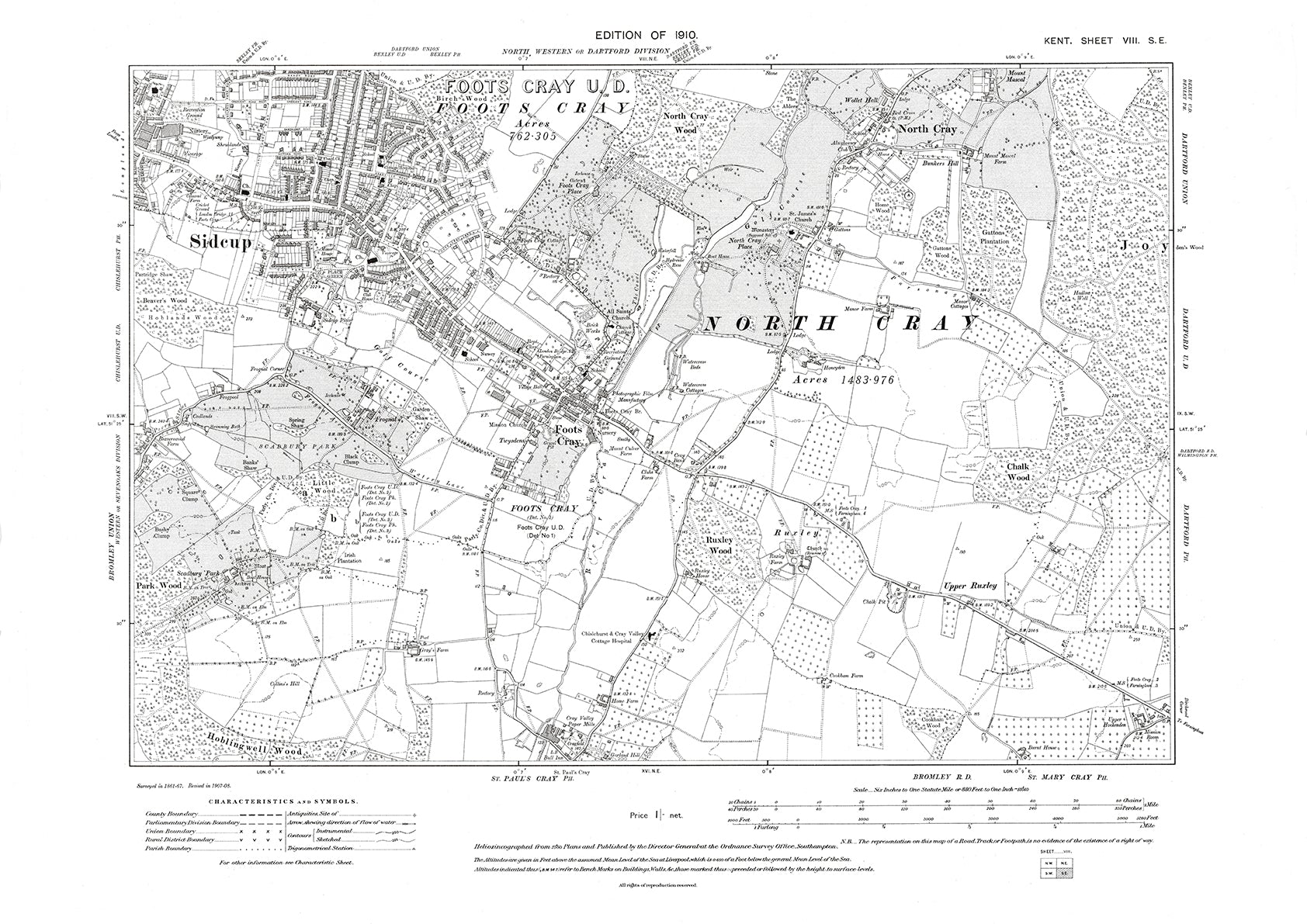 Sidcup, North Cray, Foots Cray, Ruxley, St Pauls Cray, old map Kent 19 ...