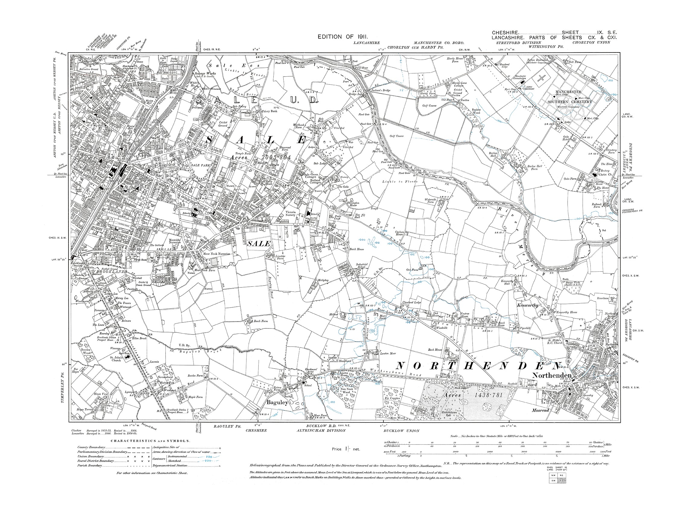 Old OS map dated 1911, showing Sale, Northenden (west), Baguley in Che ...