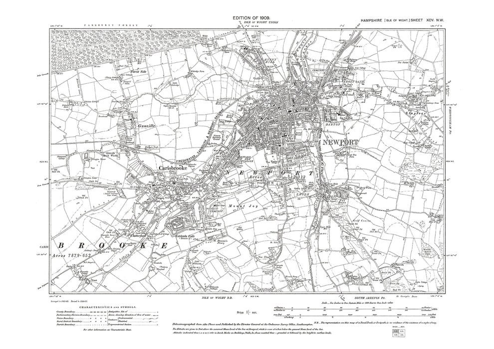 Old OS map dated 1909, showing Newport, Carisbrooke, Gunville Isle Of ...