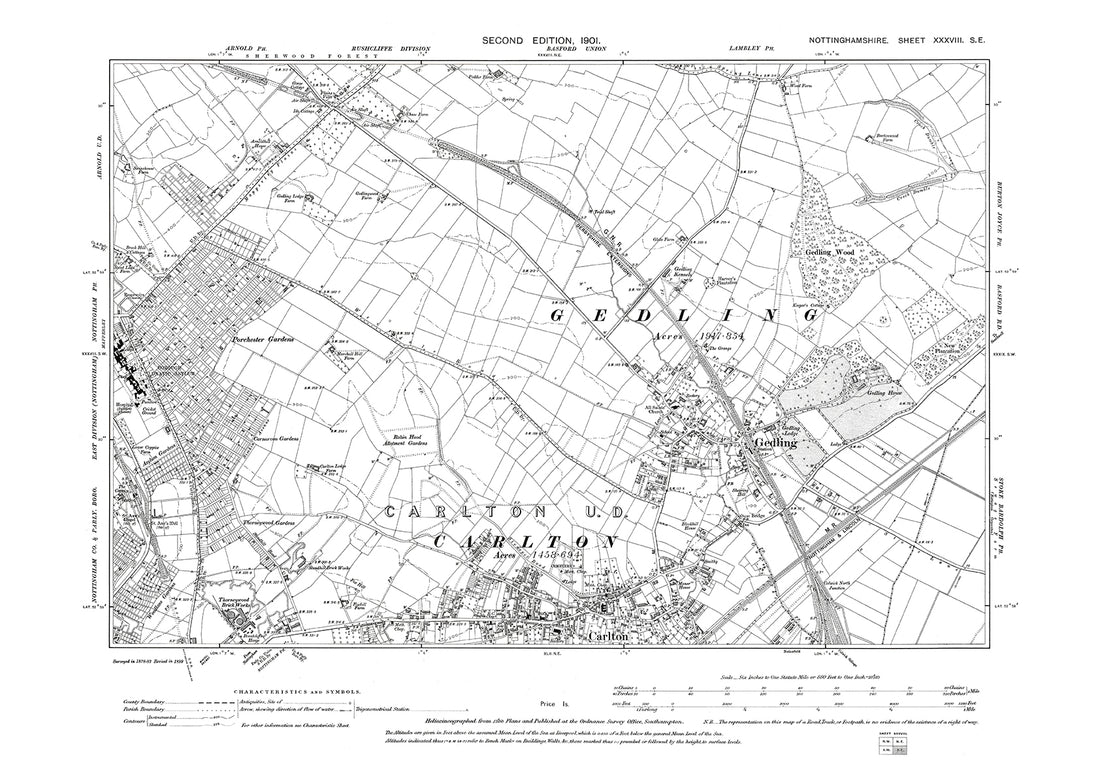 Nottingham (northeast), Carlton, Gedling, old map Nottinghamshire 1901 ...