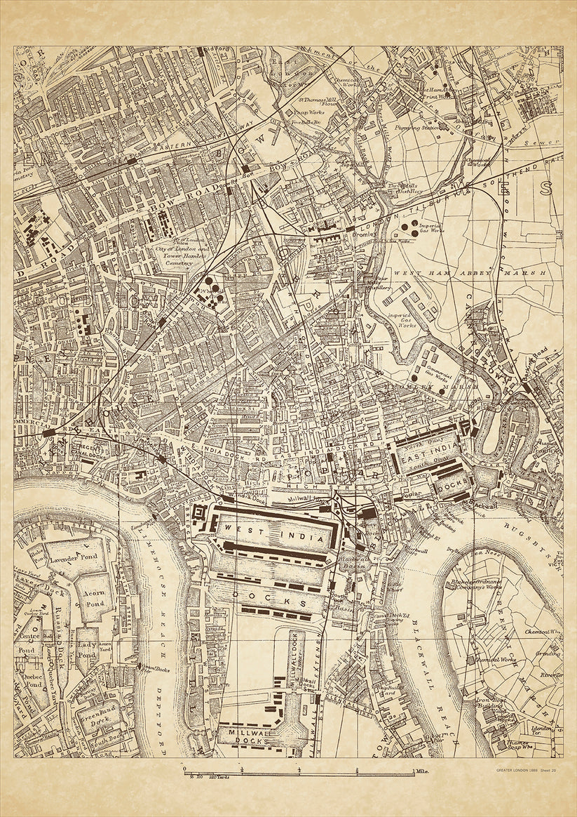 Greater London in 1888 Series - showing Poplar, Bow, Limehouse, Bromle – Old Map Downloads