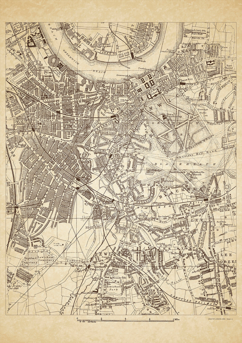 Greater London in 1888 Series - showing Greenwich, Deptford, Lewisham, – Old Map Downloads