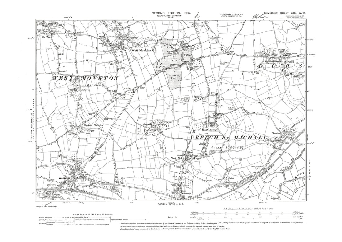 Creech St Michael (north), West Monkton, Durston, old map Somerset 190 ...