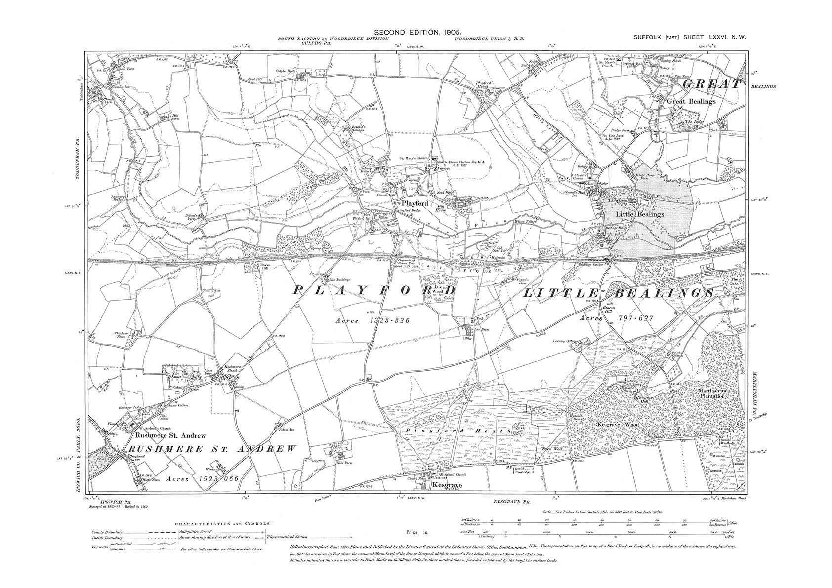 Rushmere St Andrew, Kesgrave north, old map Suffolk 1905: 76NW – Old ...