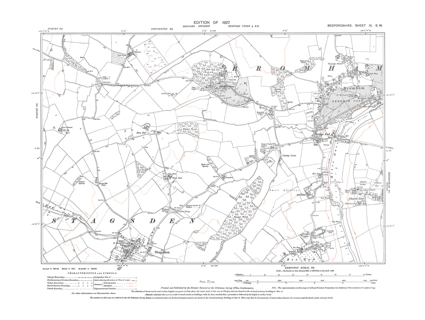 A 1927 map showing Bromham, Biddenham (west) and Stagsden in Bedfordsh ...