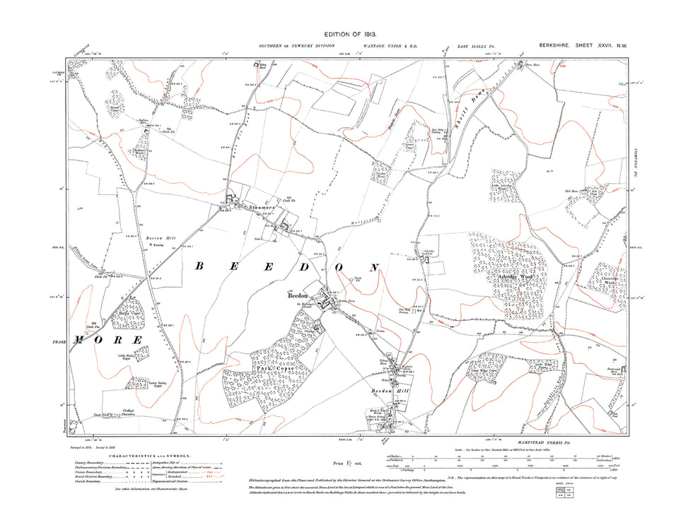 A 1913 map showing Beedon, Beedon Hill in Berkshire - OS 1:10560 scale ...