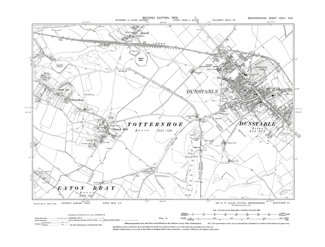 A 1902 map showing Dunstable and Totternhoe in Bedfordshire - A Digita ...